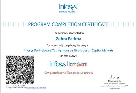Graduated With Infosys Certificate In Capital Markets Zehra Fatima Posted On The Topic Linkedin