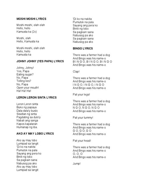 Moshi Moshi And Johny Johny Lyrics Pdf