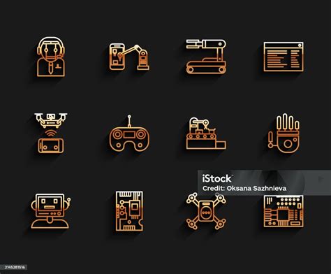 세트 라인 로봇 작업자 로봇 액션 카메라로 비행하는 드론 인쇄 회로 Pcb 원격 제어 기계 손 및 공장 컨베이어 시스템 벨트 아이콘 벡터 검은색에 대한 스톡 벡터 아트 및