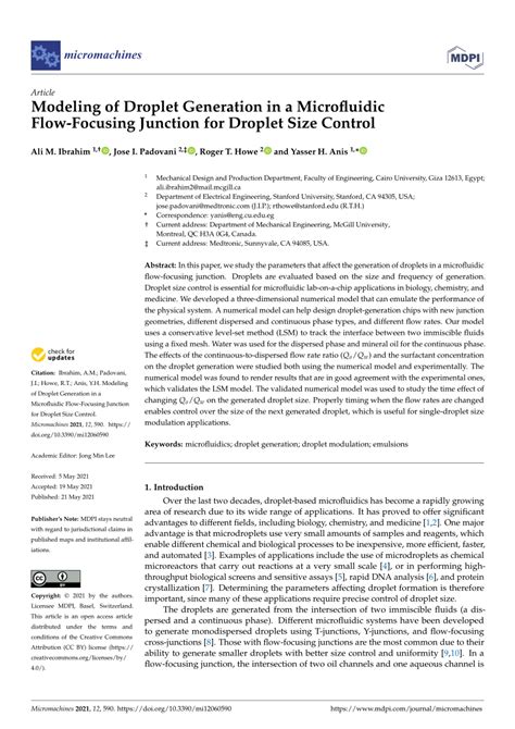 Pdf Modeling Of Droplet Generation In A Microfluidic Flow Focusing Junction For Droplet Size