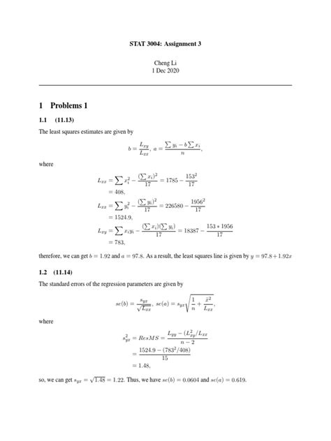 1 Problems 1 Stat 3004 Assignment 3 Pdf Least Squares P Value