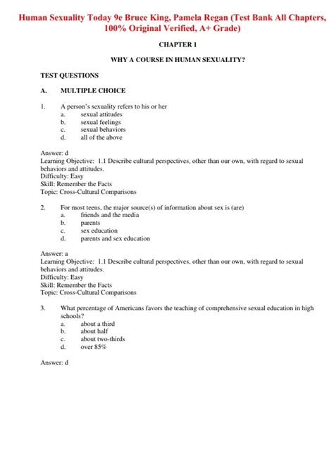 Test Bank For Human Sexuality Today 9th Edition By Bruce King Pamela Regan All Chapters 100