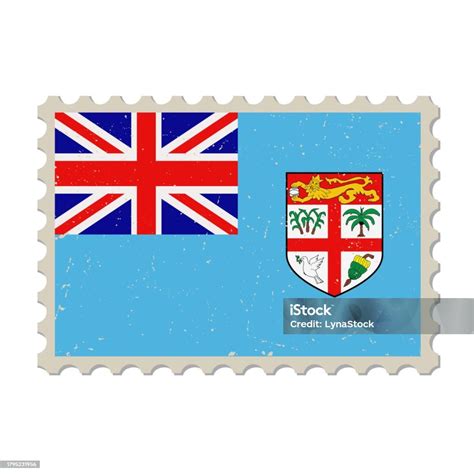 피지 그런 지 우표 빈티지 엽서 벡터 일러스트 레이 션 와 피지 국기 와 백색 배경 고립된 통하고 있는 복고풍 스타일 고무도장에 대한 스톡 벡터 아트 및 기타 이미지