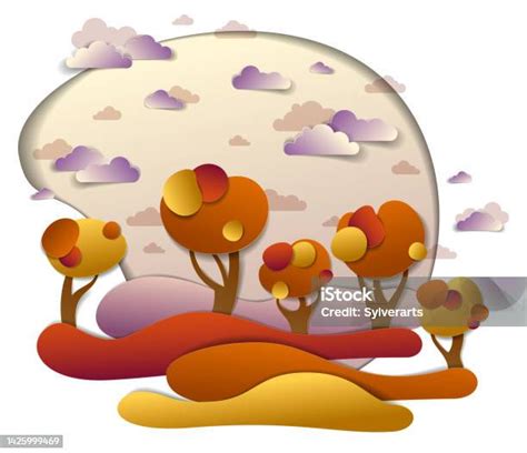 풀밭과 나무 새와 태양 흐린 하늘의 경치가 풍경이을 필드 고 초원 벡터 그림 종이 컷된 아이 스타일 시골 여행 및 관광에가 0