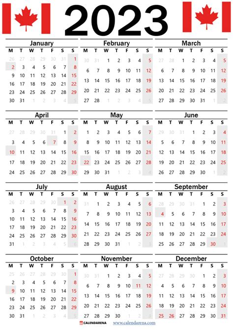 Canada 2023 Calendar With Holidays Printable