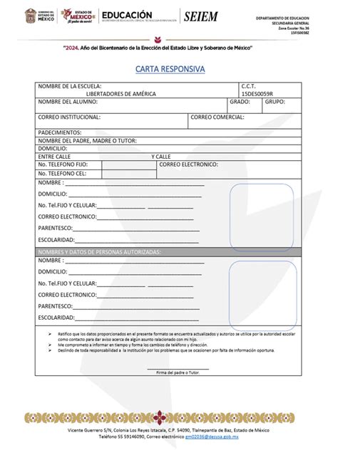 Carta Responsiva Escolar Para Padres Pdf