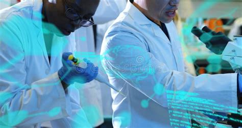 image of data processing and chemical formula over diverse scientists