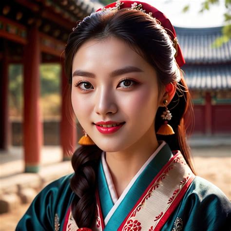Smiling Friendly Woman Wearing Korean Hanbok Traditional Cultural Dress From Korea Premium Ai
