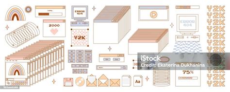 사용자 인터페이스 Y2k 스티커 레트로 아이콘 브라우저 버튼 화면 컴퓨터 폴더 파일 문서 썸네일 로딩 진행률 표시줄 알림 등 섬세한 파스텔 벡터 그림입니다 1990 1999