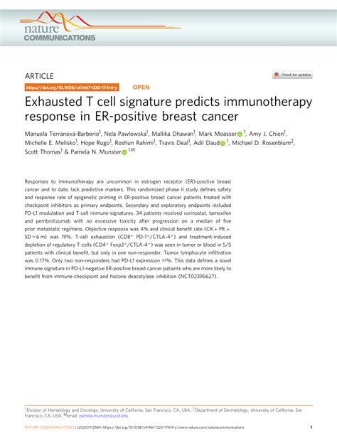 Pdf Exhausted T Cell Signature Predicts Immunotherapy Response In Er Positive Breast Cancer