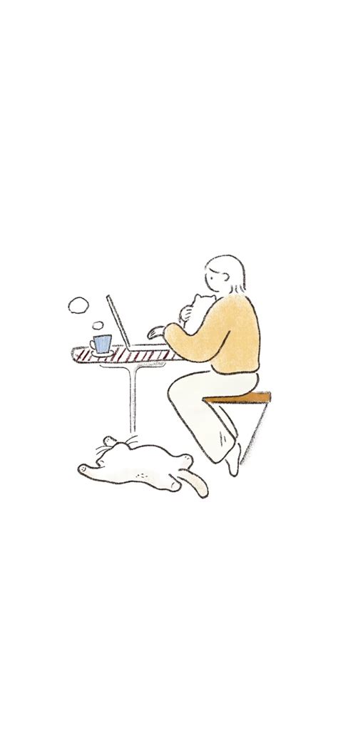 简约插画壁纸：人在桌前用电脑，猫咪悠闲躺地 手机壁纸｜4k高清𝐰𝐚𝐥𝐥𝐩𝐚𝐩𝐞𝐫表情包图片动图 求表情网 斗图从此不求人