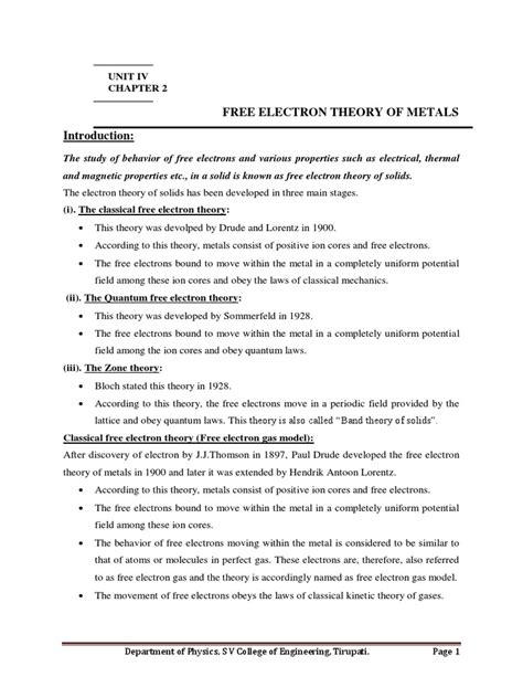 Unit Iv 2 Free Electron Theory Of Metals Pdf Electron Thermal
