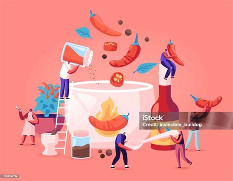 뜨거운 칠리 컨셉으로 음식을 요리하는 사람들 작은 남성과 여성 캐릭터는 거대한 소스 팬에 빨간색과 검은 고추를 넣어 매운 요리