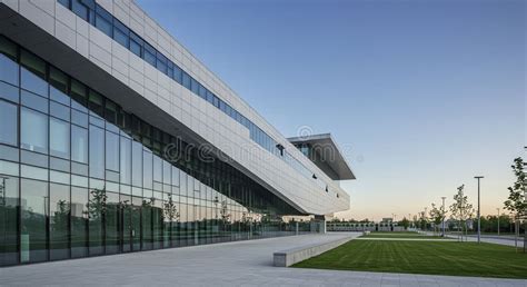 Modern Architectural Structure With A Sleek Angular Design Featuring Extensive Glass Stock