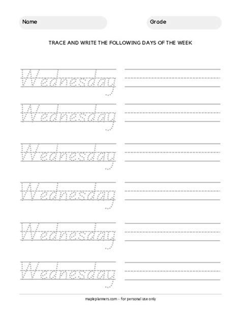 Trace The Days Of The Week Tracing Wednesday
