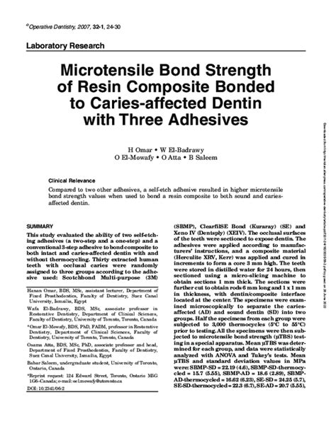 Pdf Microtensile Bond Strength Of Resin Composite Bonded To Caries Affected Dentin With Three