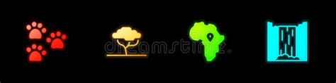 Set Paw Print African Tree Map Of And Waterfall Icon Vector Stock De