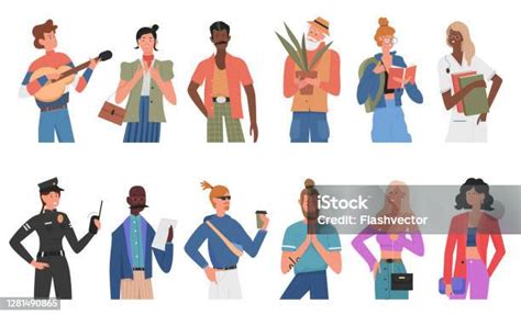 캐주얼 사람들은 다른 인종 직업 또는 연령의 다양한 다인종 캐릭터 세트를 만화 사람들에 대한 스톡 벡터 아트 및 기타 이미지