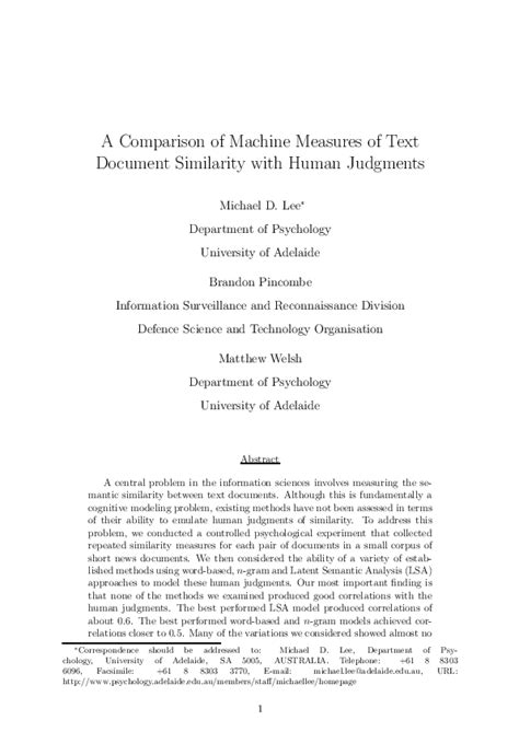 Pdf A Comparison Of Machine Measures Of Text Document Similarity With Human Judgments