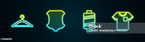 옷걸이 옷장 가죽 바느질 실 및 티셔츠를 설정하십시오 빛나는 네온 아이콘입니다 벡터 건강관리와 의술에 대한 스톡 벡터 아트 및 기타 이미지 건강관리와 의술 걸이 장비