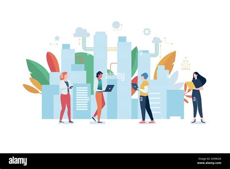 Urban Cityscape With People And Technology Icons Cloud System Concept