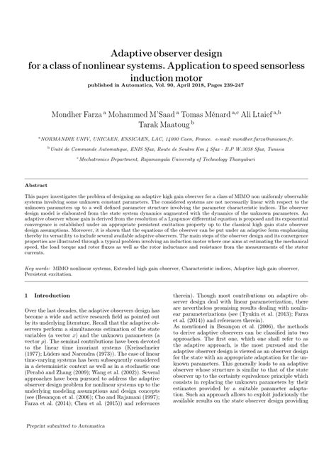 PDF Adaptive Observer Design For A Class Of Nonlinear Systems Application To Speed Sensorless