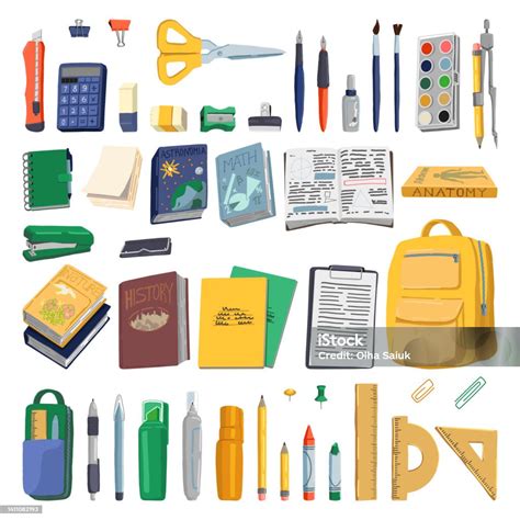 학교 용품 낙서 수집 배낭 노트북 교과서 문구 용품 초보자 아티스트 도구 세트 만화 스타일 벡터 일러스트레이션 흰색으로 고립 된 학교 클립 파트로 돌아 가기 메모장에 대한