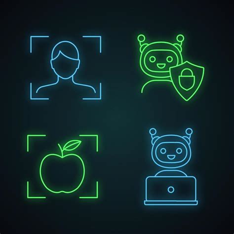 Machine Learning Neon Light Icons Set Facial Recognition Secured Chatbot Object Detection App