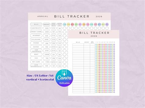 Editable Bill Tracker Bill Calendar Printable Expense Tracker