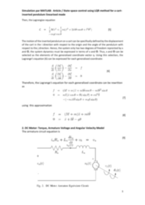 Solution Simulation With Matlab Article State Space Control Using Lqr Method For A Cart