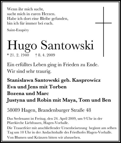 Traueranzeigen Von Hugo Santowski Trauer In Nrwde