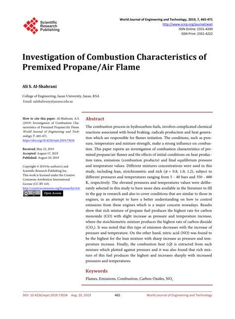 Pdf Investigation Of Combustion Characteristics Of Premixed Propane