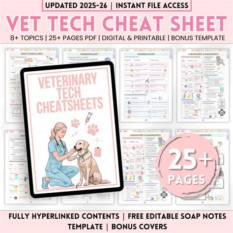 Vetnerinary Tech Cheat Sheet Bonus Covers Included Vet Tech Reference