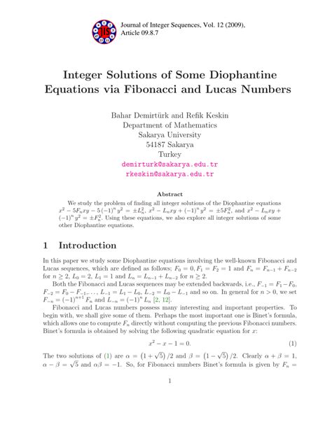 pdf integer solutions of some diophantine equations via fibonacci and