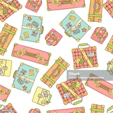 여행을 위한 밝은 여행 가방의 패턴입니다 기내 수하물 가방 엔터테인먼트 다른 나라로 이사 벡터 그림 원활한 패턴 가방에 대한