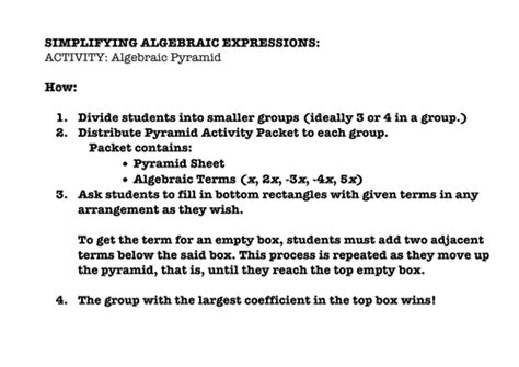 Simplifying Algebraic Expressions Pyramid Teaching Resources