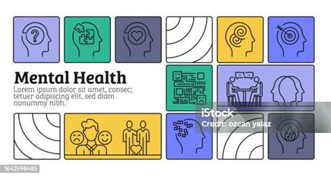 정신 건강 라인 아이콘 세트 및 배너 디자인 의료 의학 병상 병원 인간의 뇌 질병 외로움 정신 건강 심리 치료 정신 분열증 정신 건강에 대한 스톡 벡터 아트 및 기타 이미지