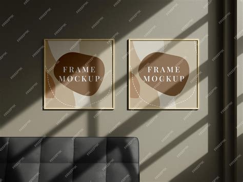 창 그림자가 장착된 모형 나무 정사각형 사진 프레임 갈색 벽 프리미엄 Psd 파일