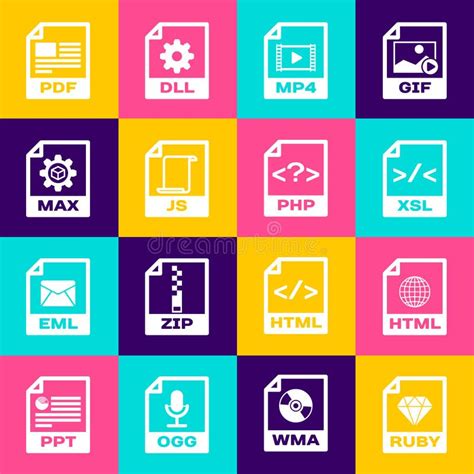 Set Ruby File Document Html Xsl Mp4 Js And Max Icon Vector Stock Vector Illustration Of