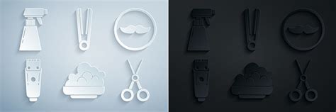 면도 젤 폼 콧수염 전기 헤어 클리퍼 또는 면도기 가위 미용사 컬링 아이언 및 미용사 권총 스프레이 병 아이콘을 설정합니다 벡터 3차원 형태에 대한 스톡 벡터 아트 및 기타