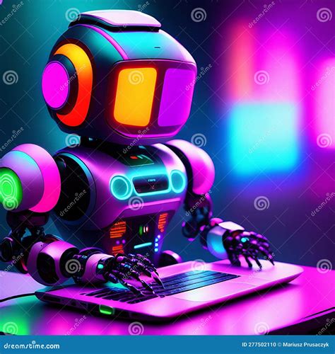 Adorable Humanoid Robot Working On Laptop Multicolored Neon Lights Colorful Background