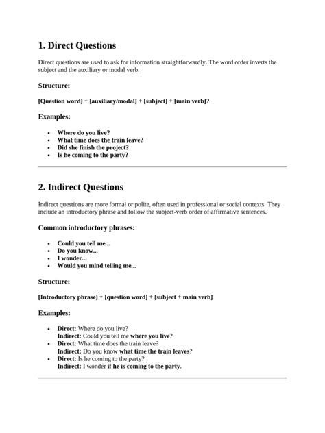 Indirect Questions Pdf Question Verb