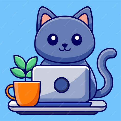 Cute Cat Sitting On Laptop With Coffee And Plant Vector Illustration Developer And Programmer