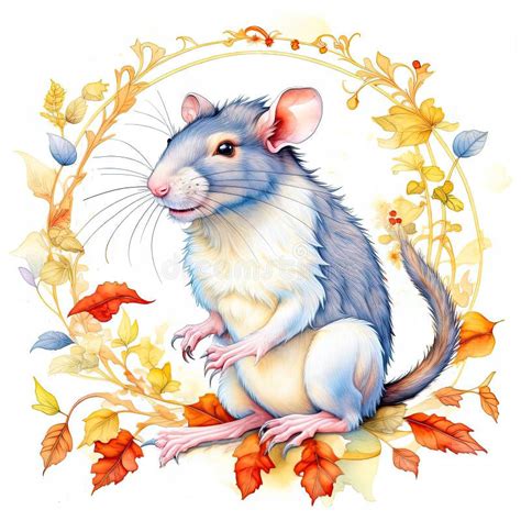 Cute Little Rat Among Autumn Flowers And Leaves Stock Illustration