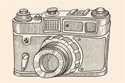 Premium Vector Film Retro Camera With Lens Isolated On Beige Background Primitive Linear Sketch