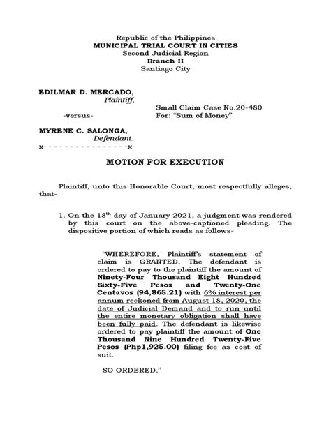 Motion For Execution Marcado Vs Salonga Pdf Government