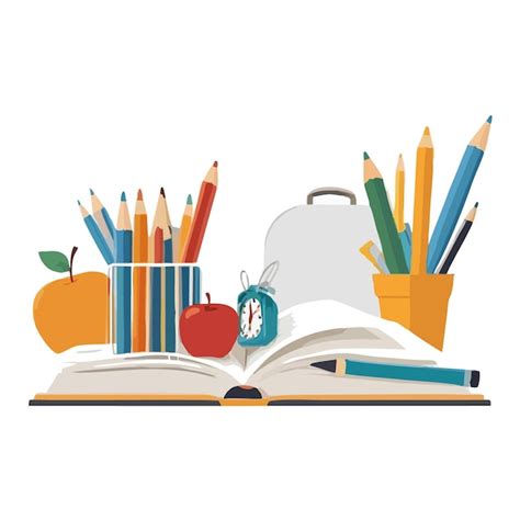 Un Libro Con Lápices Una Manzana Y Un Lápiz En él Vector Premium