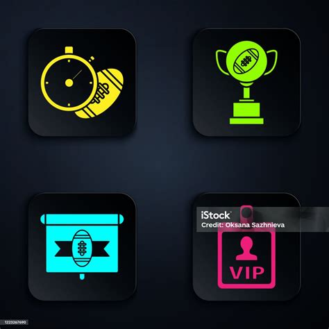 Vip 배지 미식 축구 공과 스톱워치 Tv 프로그램에 미식 축구와 수상 컵과 미식 축구 공을 설정합니다 검은 정사각형 버튼 벡터 1위에 대한 스톡 벡터 아트 및 기타 이미지