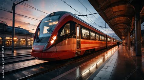 High Speed Train In Motion On The Railway Station Railroad With Motion