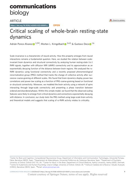 Pdf Critical Scaling Of Whole Brain Resting State Dynamics